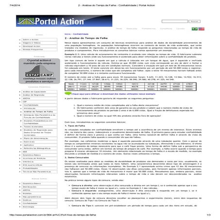 Análise do tempo de falha confiabilidade portal action | PDF