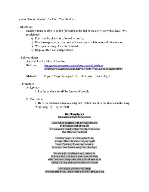 Lesson plan in english (o lovely fishermaiden) | DOCX