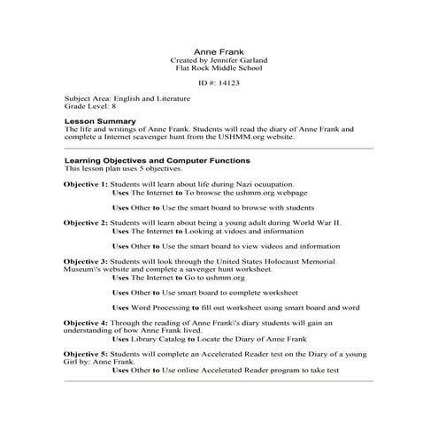 Anne Frank Lesson Plan | DOC | Homework and Study | Education