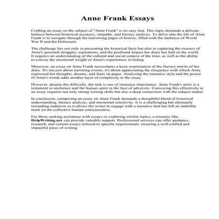 Anne Frank Essay Questions. University of Pittsburgh | PDF