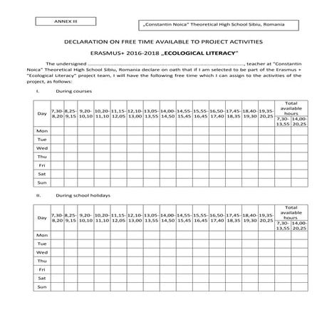 Annex III - Declaration on Free Time Teachers Erasmus | DOC