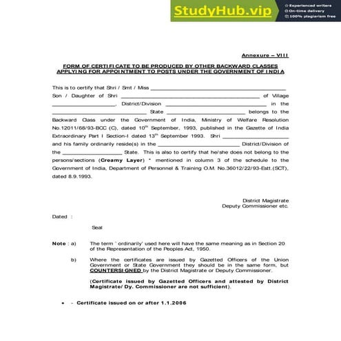 Annexure VIII FORM OF CERTIFICATE TO BE PRODUCED BY OTHER BACKWARD CLASSES APPLYING FOR ...