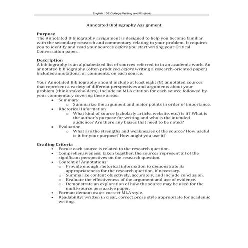 Eng 102H Annotated Bibliography Assignment | PDF
