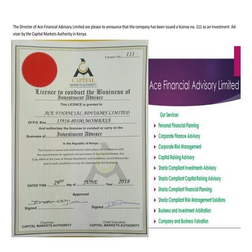 Ace Financial Advisory Ltd issued with Investment Advisory License | PDF