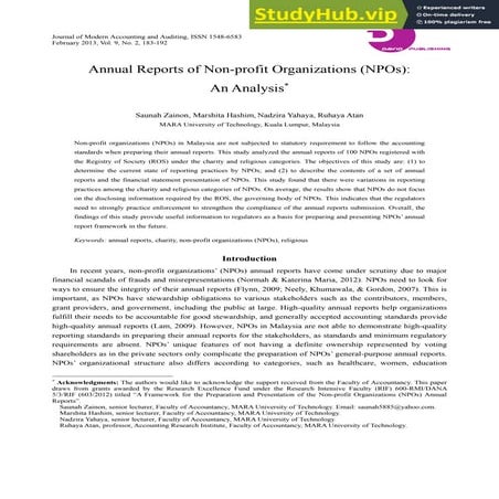 Annual Reports Of Non-Profit Organizations (NPOs) An Analysis | PDF