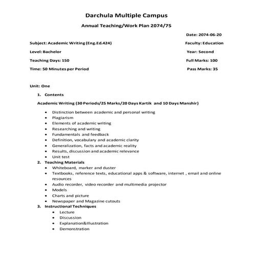 Annual teaching plan of academic writing 2074 | DOCX | Educational ...