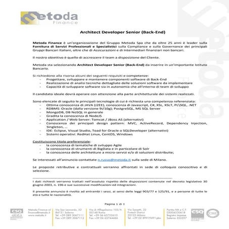 Annuncio di lavoro Architect Developer Senior (Back-End) | PDF | Programming Languages | Computing