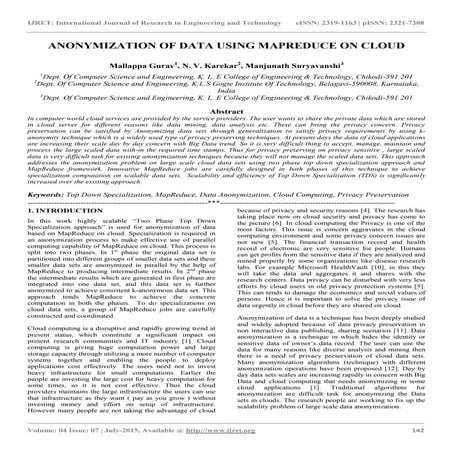 Anonymization Of Data Using Mapreduce On Cloud Pdf