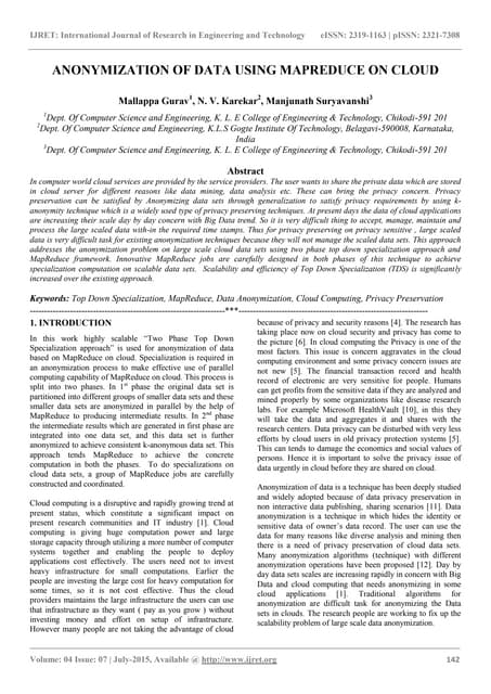 Anonymization Of Data Using Mapreduce On Cloud Pdf