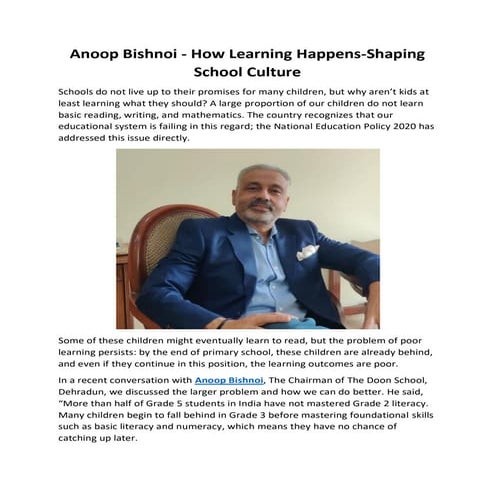 Anoop Bishnoi - How Learning Happens-Shaping School Culture | PDF | Primary Education | Education