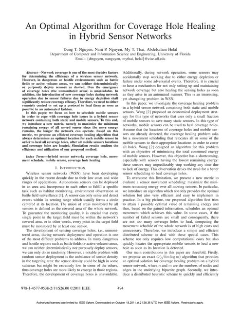 An Optimal Algorithm For Coverage Hole Healing Pdf