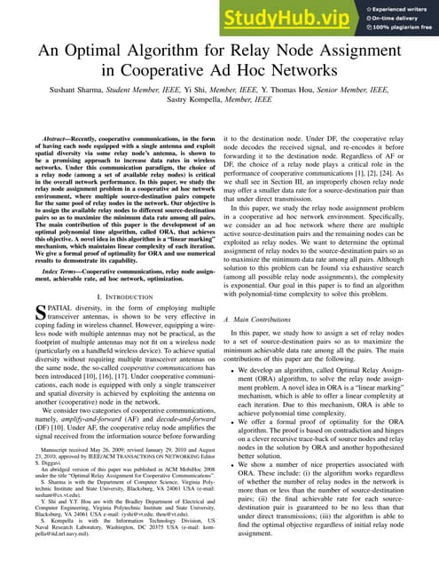 An Optimal Algorithm For Relay Node Assignment In Cooperative Ad Hoc Networks Pdf Computer