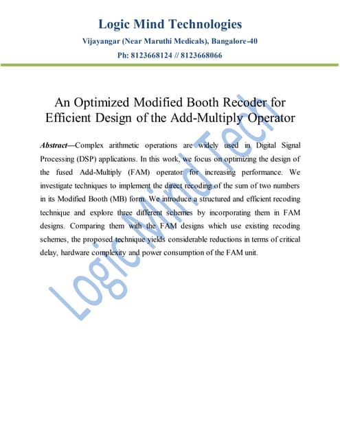 An Optimized Modified Booth Recoder For Efficient Design Of The Add Multiply Operator Pdf