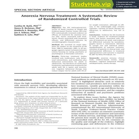 Anorexia Nervosa Treatment A Systematic Review Of Randomized Controlled Trials | PDF