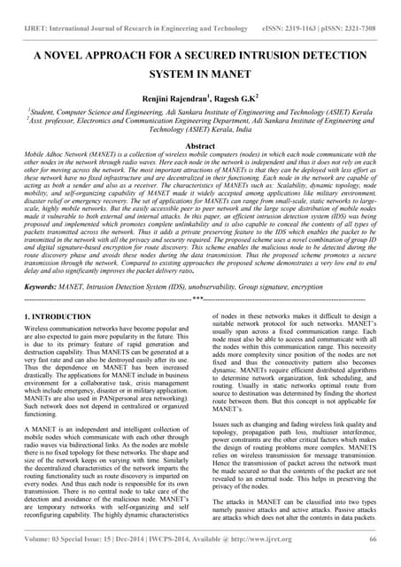 A Novel Approach For A Secured Intrusion Detection System In Manet Pdf Computer Networking