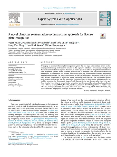 A Novel Character Segmentation Reconstruction Approach For License Plate Recognition Pdf