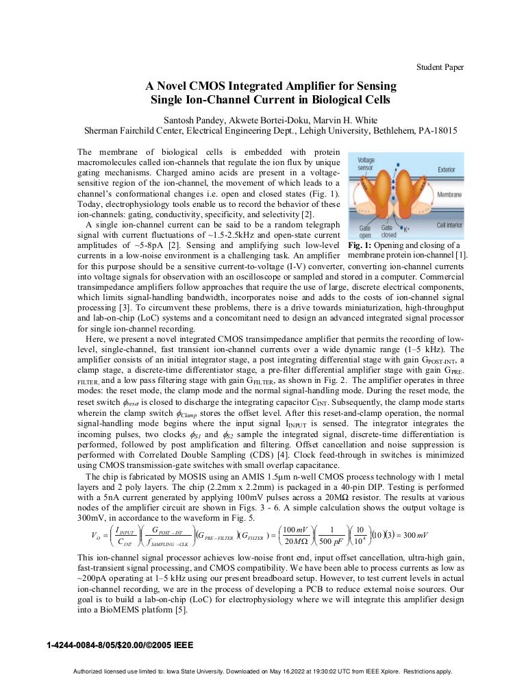 A Novel CMOS Integrated Amplifier for Sensing Single Ion-Channel Curr…