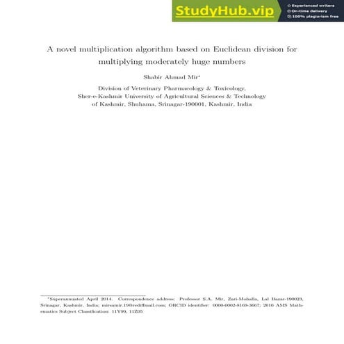 A Novel Multiplication Algorithm Based On Euclidean Division For