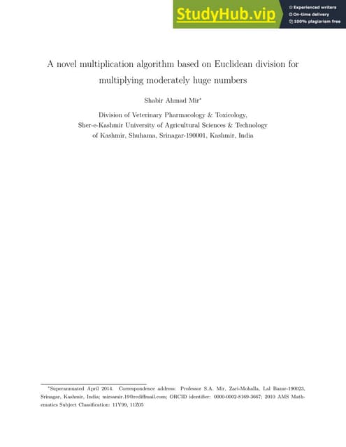 A Novel Multiplication Algorithm Based On Euclidean Division For