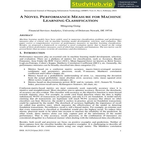 A Novel Performance Measure For Machine Learning Classification | PDF