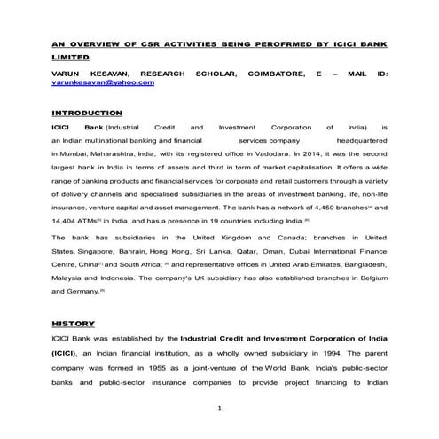 AN OVERVIEW OF CSR ACTIVITIES BEING PEROFRMED BY ICICI BANK LIMITED | DOCX