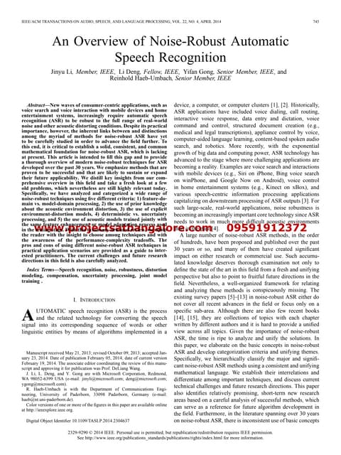 An Overview Of Noise Robust Automatic Speech Recognition Pdf