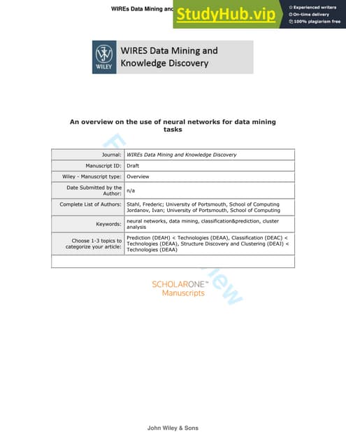 An Overview Of The Use Of Neural Networks For Data Mining Tasks Pdf