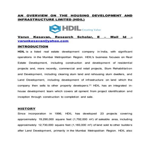 AN OVERVIEW ON THE HOUSING DEVELOPMENT AND INFRASTRUCTURE LIMITED (HDIL ...