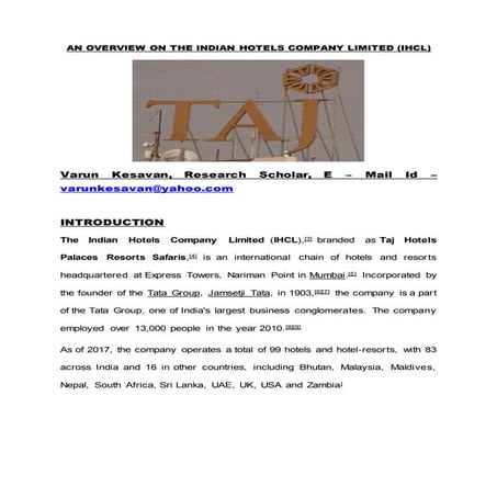 AN OVERVIEW ON THE INDIAN HOTELS COMPANY LIMITED (IHCL) | DOCX