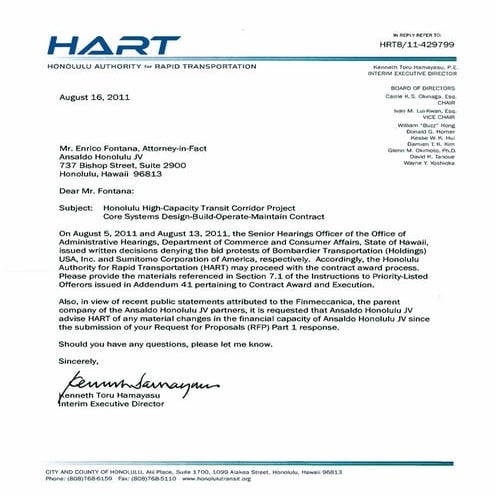 HART Letter To Ansaldo | PDF