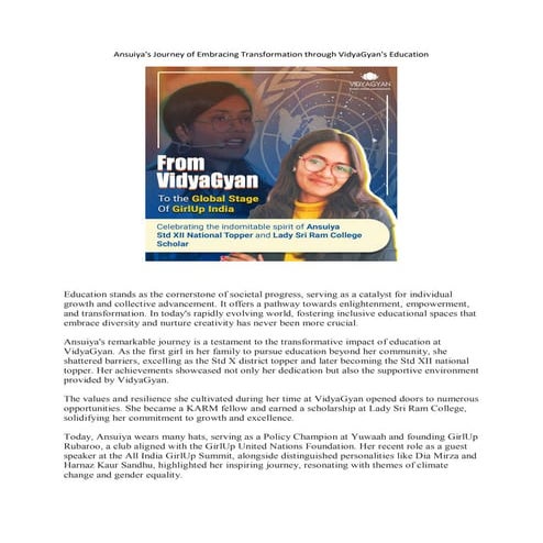 Ansuiya's Journey of Embracing Transformation through VidyaGyan | PDF
