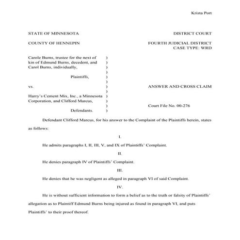 Answer cross claim | DOCX