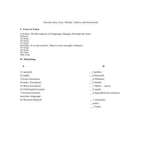 Answer key test Words: native and Borrowed | DOC
