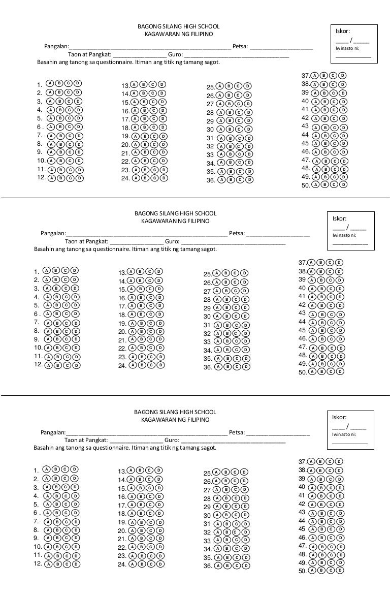 Answer Sheet for Filipino