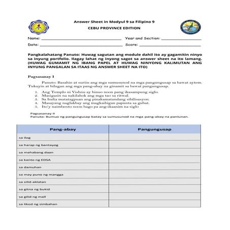 Answer Sheet in Modyul 9 sa Filipino 9.pdf