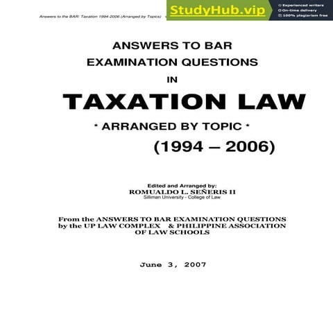 ANSWERS TO BAR EXAMINATION QUESTIONS IN TAXATION LAW ARRANGED BY TOPIC ...