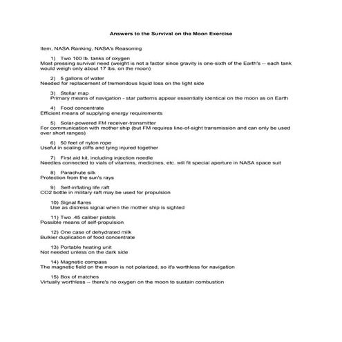 Answers to the survival on the moon exercise | DOC