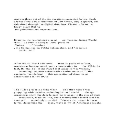 Answer three out of the six questions presented below. Each answ | DOCX