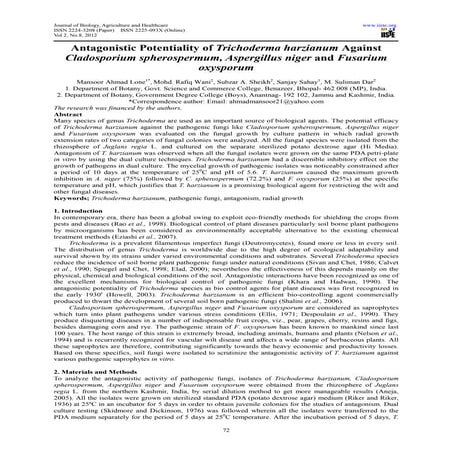 Antagonistic potentiality of trichoderma harzianum against cladosporium ...