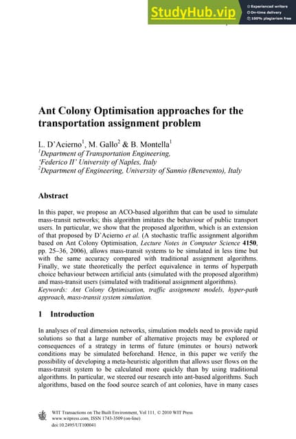 Ant Colony Optimisation Approaches For The Transportation Assignment Problem Pdf