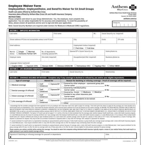 Anthem Blue Cross Small Group Health Insurance Waiver Form | PDF ...