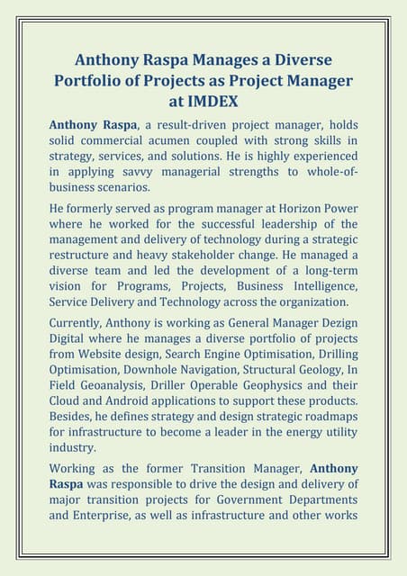 Anthony Raspa Managed Technical Projects and Organisational Change ...