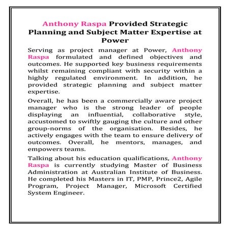 Anthony Raspa Provided Strategic Planning and Subject Matter Expertise ...