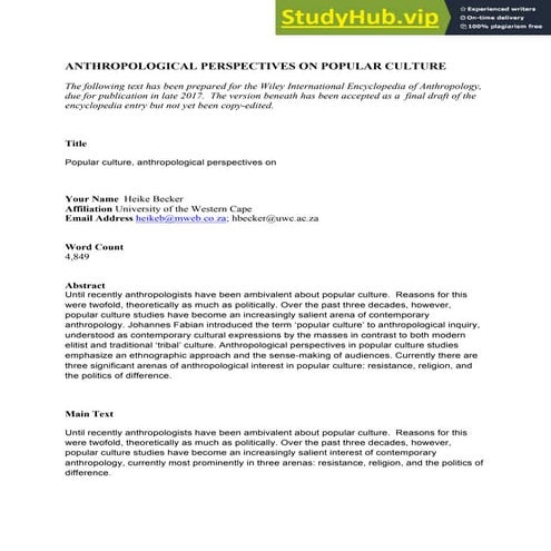 Anthropological Perspectives On Popular Culture | PDF