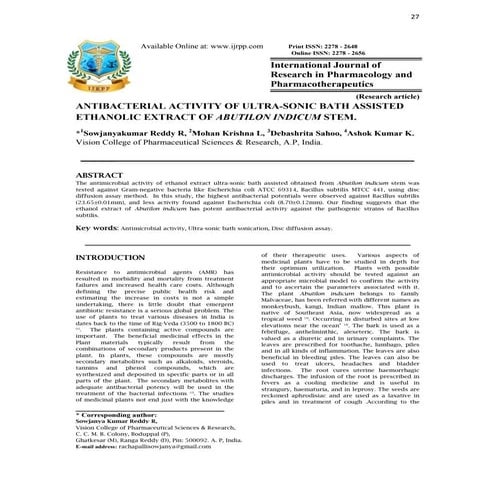 Antibacterial activity of ethanol extract of abutilon indicum stem ijrpp | PDF