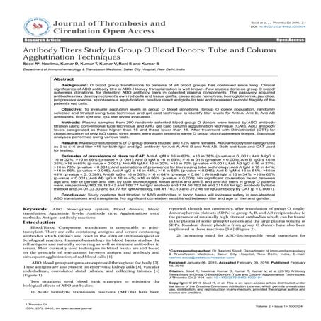 ANTIBODY TITER STUDY IN GROUP O BLOOD DONORS TUBE AND COLUMN ...