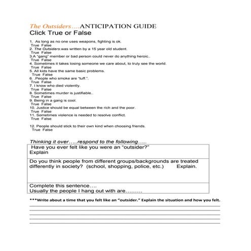 Outsiders - Anticipatory Guide | DOC