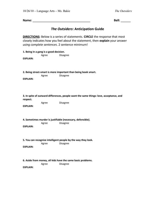 Outsiders - Anticipatory Guide | PDF