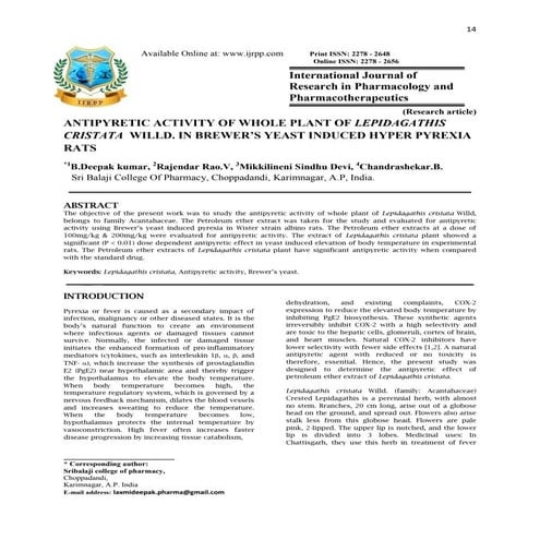 Antipyretic activity of whole plant of lepidagathis cristata willd irpp ...