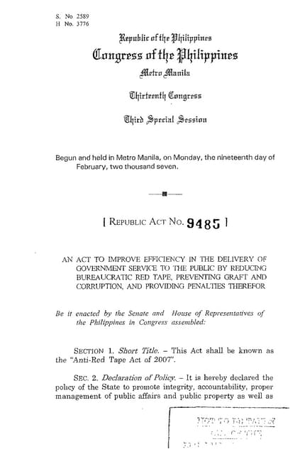 REPUBLIC ACT 9485 - ANTI-RED TAPE ACT OF 2007 (SIMPLIFIED) | PPTX